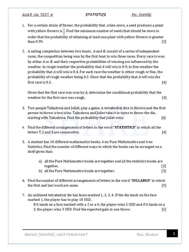 Statistics Test Questions 2023 | PDF | Probability | Statistics