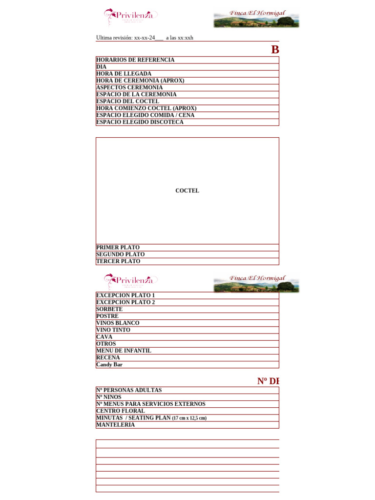 FICHA PROTOCOLO NOVIOS XX y XX Fecha xx-xx-2024 | PDF | Cocinando | Bebidas Fermentadas