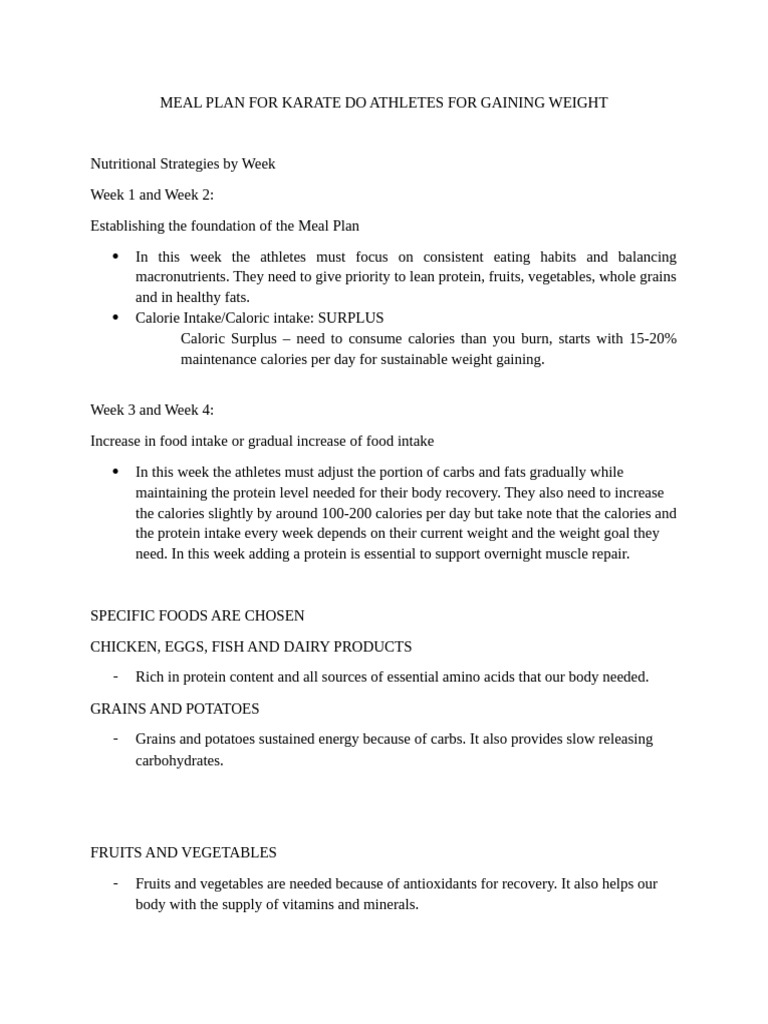 Karate Meal Plan for Weight Gain | PDF | Foods | Carbohydrates