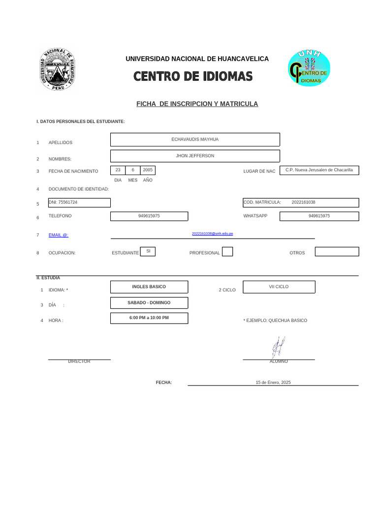 Ficha de Inscripcion y Matricula - Echavaudis Mayhua Jhon Jefferson | PDF