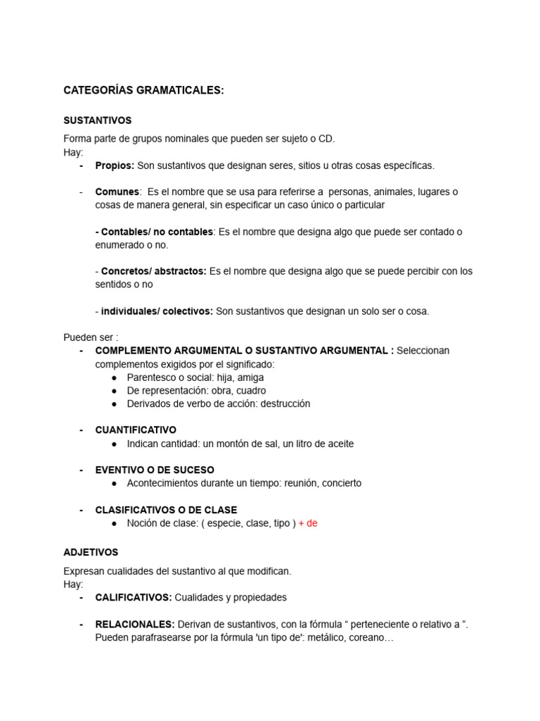 Castellano, Categorías Gramaticales y Otros | PDF | Sustantivo | Adverbio