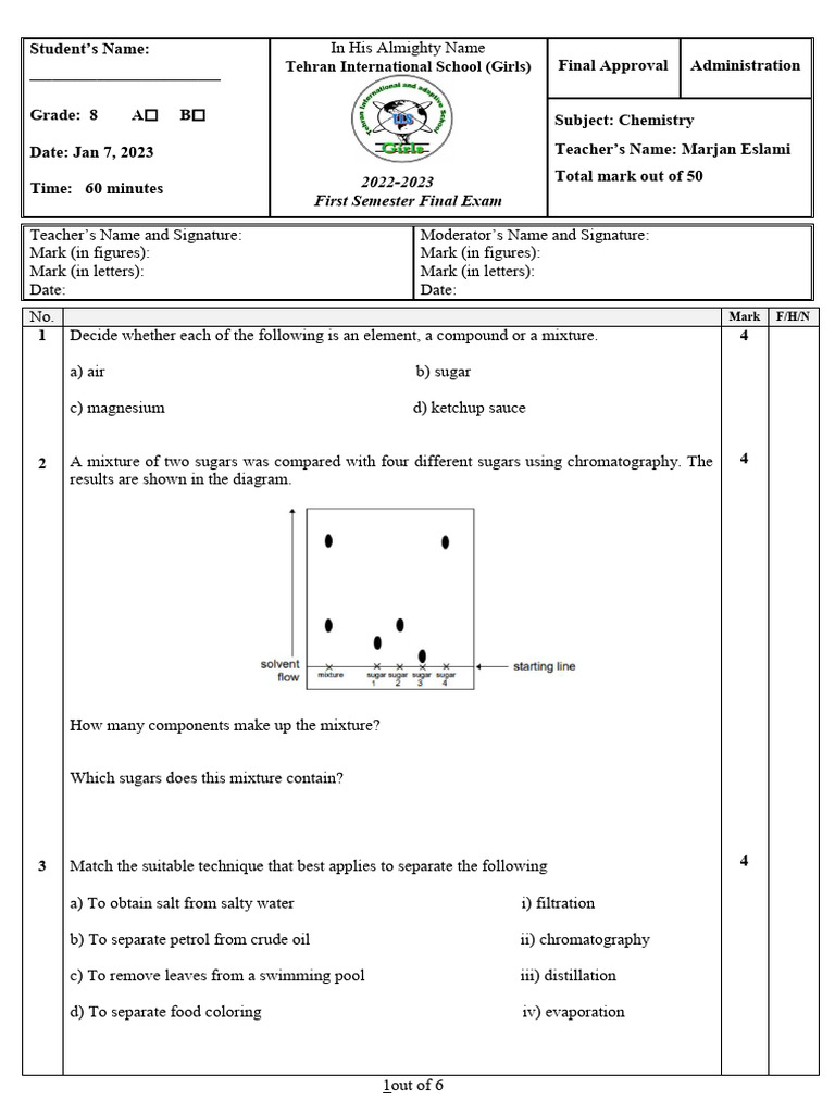 First Semester Final Exam Chemistry Grade 8 Marjan Eslami Series Two ...