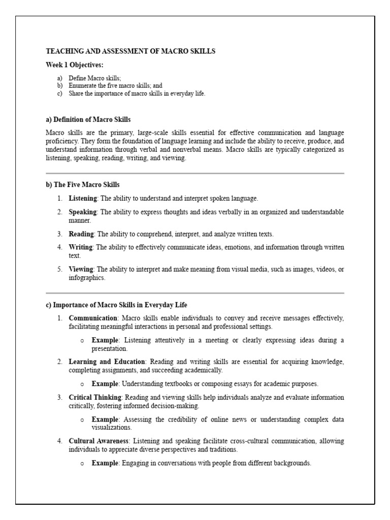 Week 1 Macro Skills Definition Kinds and Importance... | PDF ...