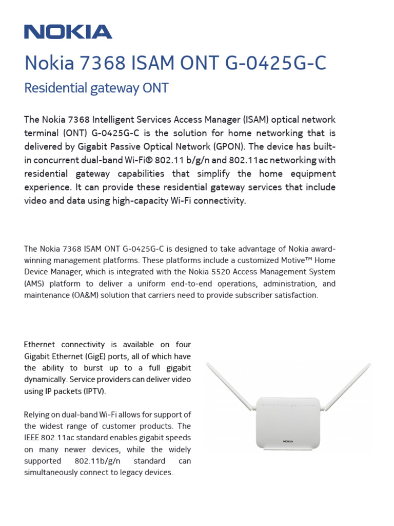 Nokia ONT G-0425G-C Datasheet | PDF | Ieee 802.11 | Wi Fi