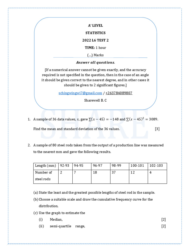 2022 Statistics l6 Test 2 Share | PDF | Probability Distribution ...