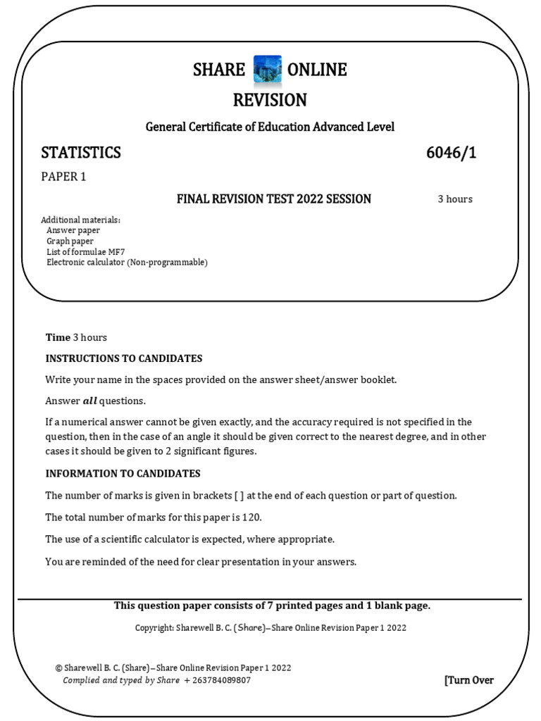 2022 Paper 1 Final Test (a'Level Statistics) Share | PDF | Standard ...