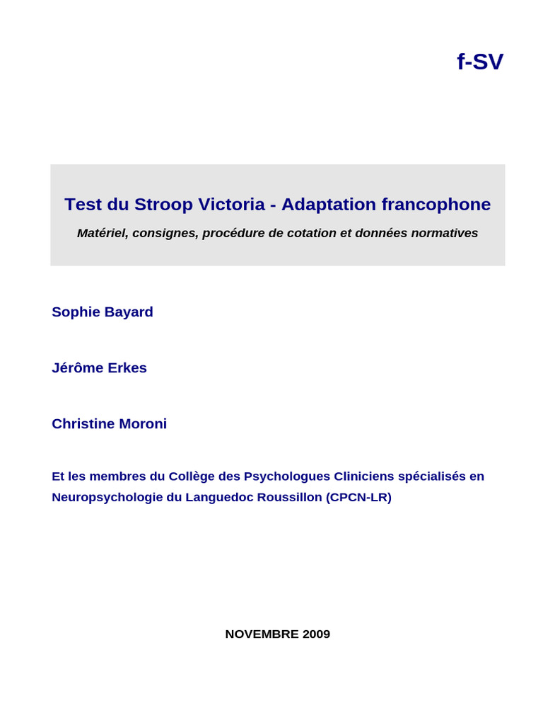 Test de Stroop Victoria : Guide d'utilisation | PDF | Attention | Vert