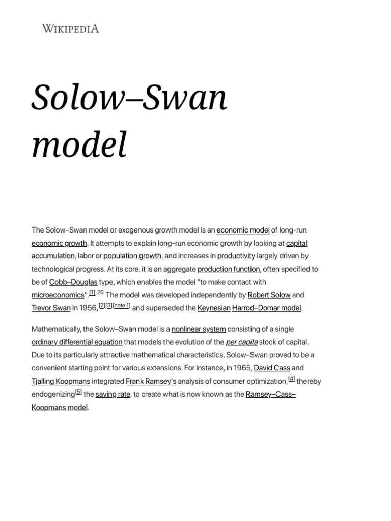 Solow-Swan Model - Wikipedia | PDF | Business Economics | Economics