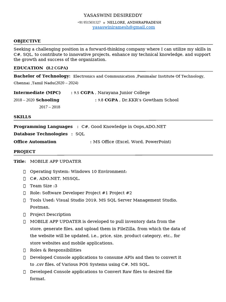 Resume - Yasaswini Reddy-1 | PDF | Microsoft Sql Server | Computing Resume - Yasaswini Reddy-1 | PDF | Microsoft Sql Server | Computing