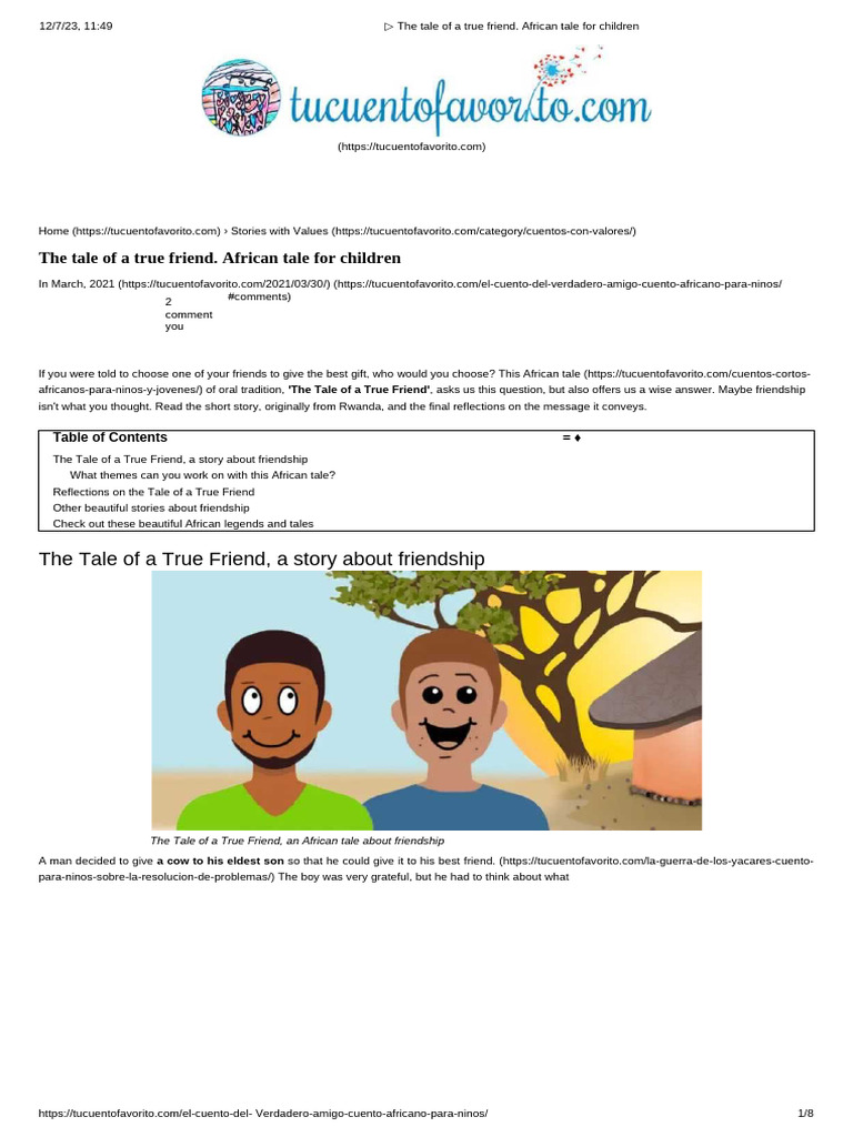 The Story of The True Friend. African Tale For Children. | PDF