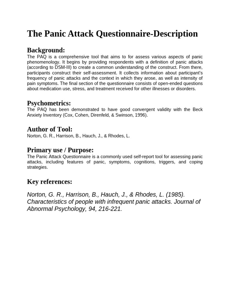 The Panic Attack Questionnaire-Description | PDF