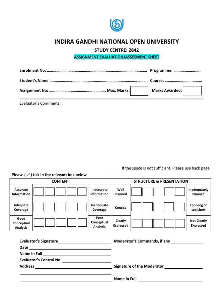 IGNOU Assignment Evaluation Sheet | PDF