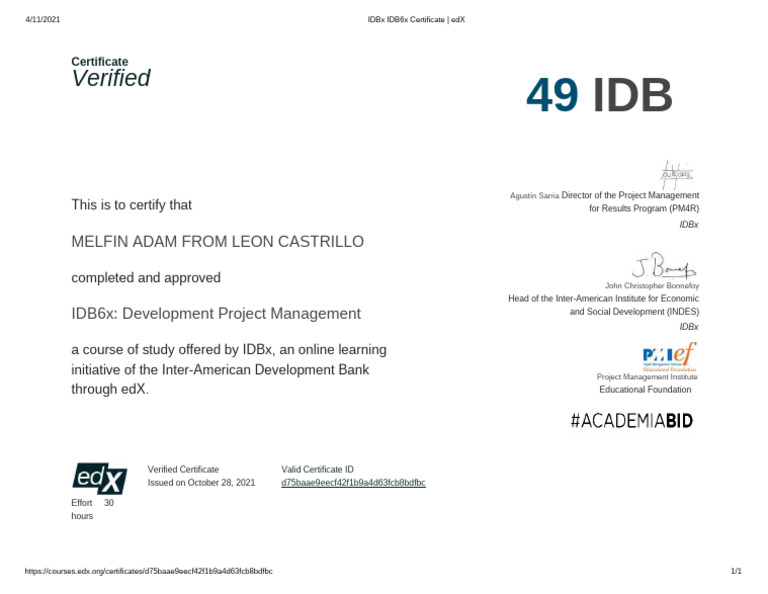 IDB6x Edx Certificate in Development Project Management BID | PDF