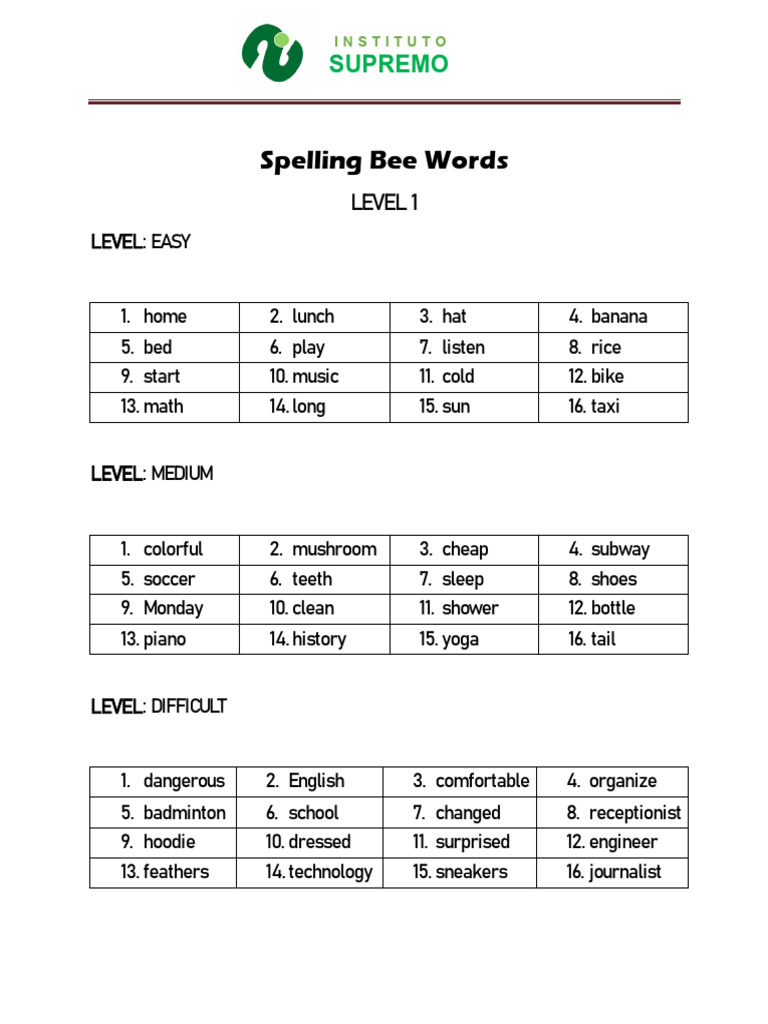 Spelling Bee Words Get Involved 1 | PDF