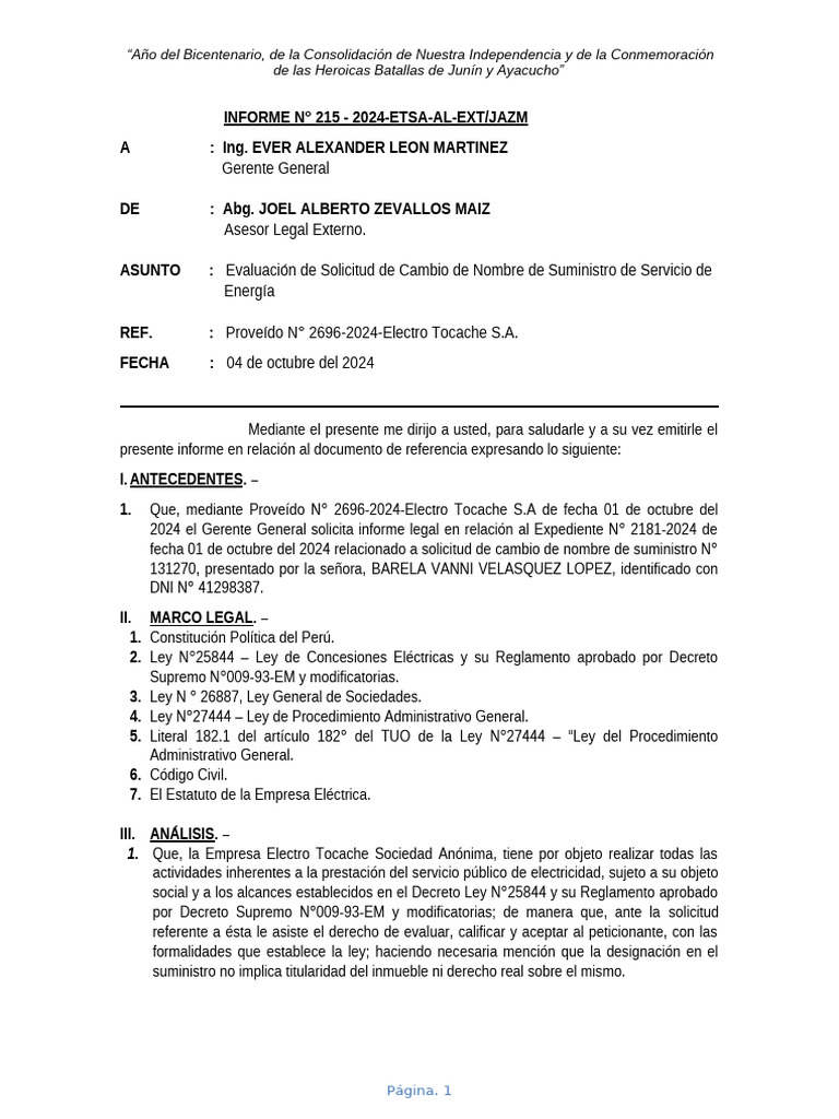 INFORME N° 215-2024-PROCEDENTE - BARELA VANNI VELASQUEZ LOPEZ | PDF