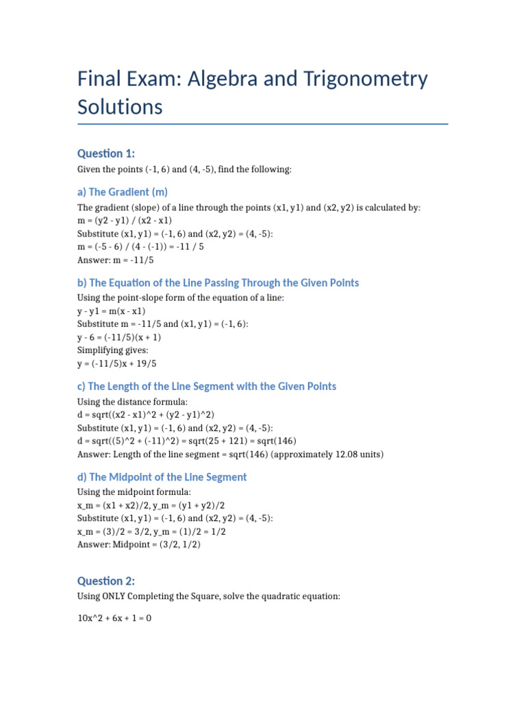 Algebra and Trigonometry Final Solutions Complete 2 | PDF ...