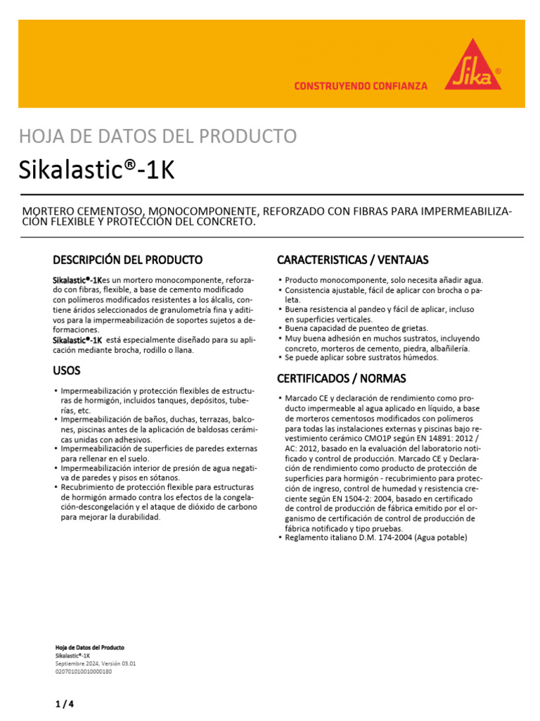 Sikalastic 1k | PDF | Hormigón | Agua