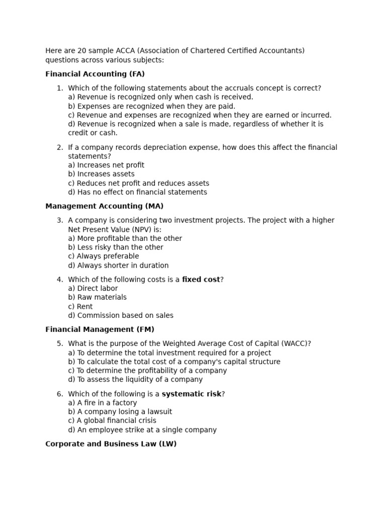 20 ACCA Sample Questions Across Subjects | PDF | Taxes | Audit