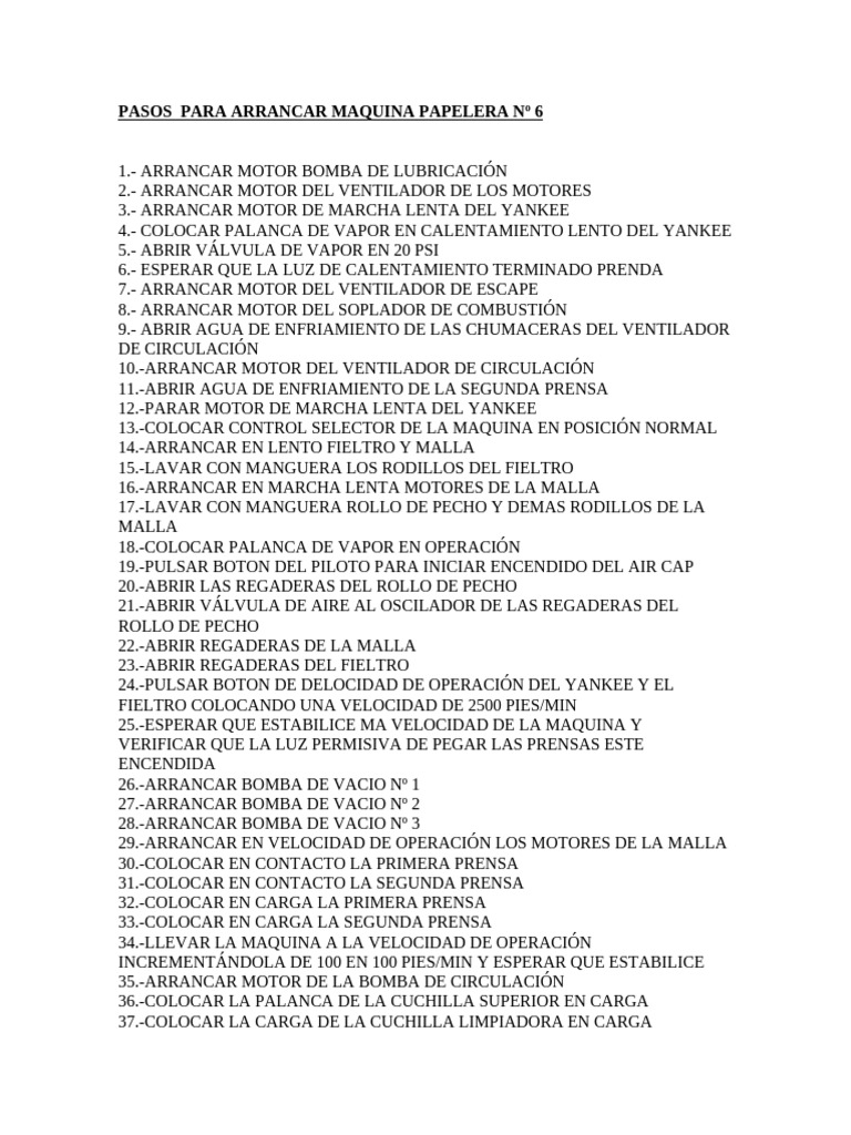 Pasos para Arrancar Maquina Papelera N | PDF | Motores | Bomba