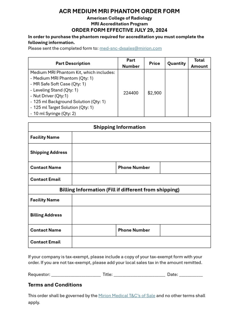 MRI Phantom Order Form | PDF