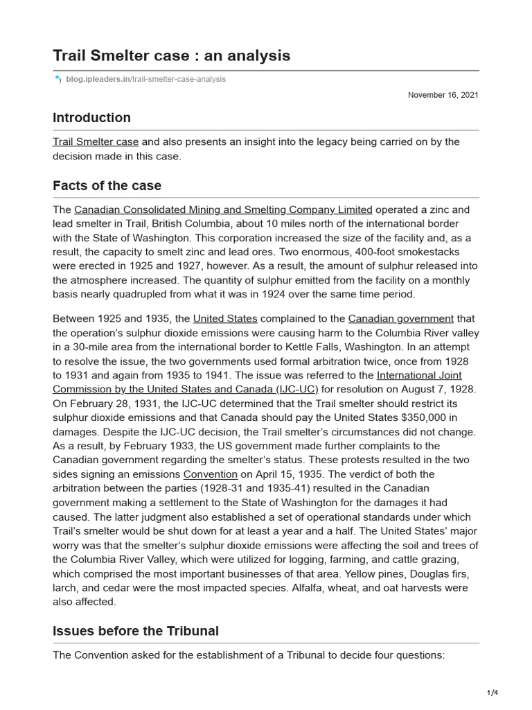 Blog - Ipleaders.in-Trail Smelter Case An Analysis | PDF | Smelting | International Law