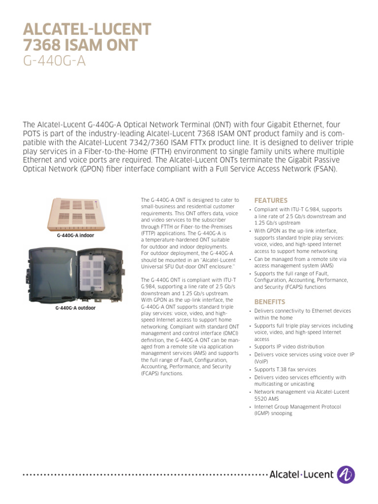 7368 ISAM ONT G-440G-A Datasheet | PDF | Fiber To The X | Internet ...