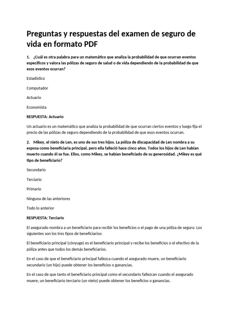 Examen de Seguro de Vida: Preguntas y Respuestas | PDF | Póliza de seguros | Seguro