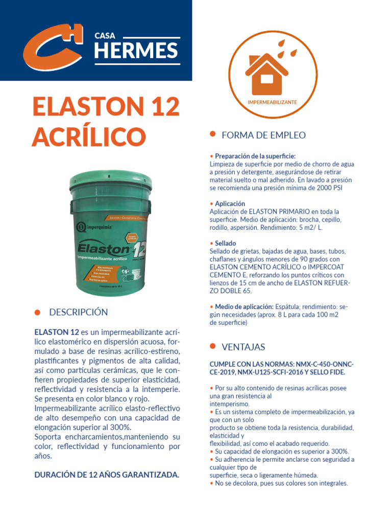 Ficha Técnica Impermeabilizante Elaston 12 Años | PDF | Agua | Materiales