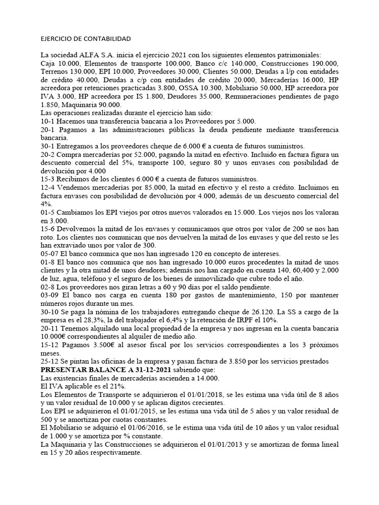 Ejercicio Contable ALFA S.A. 2021 | PDF | Bancos | Crédito