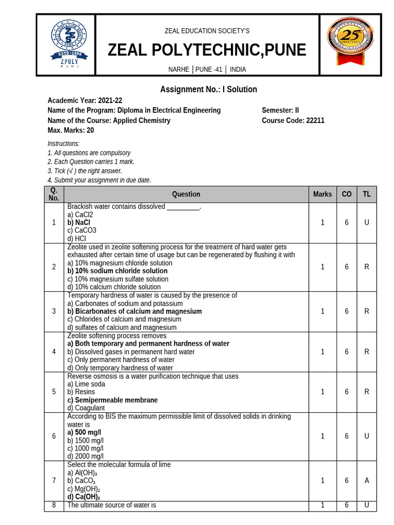 Assignment Solution Sem 2 2021-22 | PDF | Water Purification | Chemical Elements