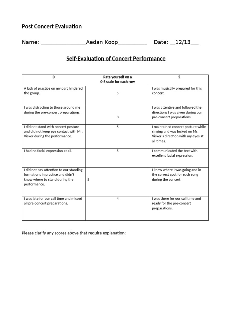 Concert Self-Evaluation Form | PDF