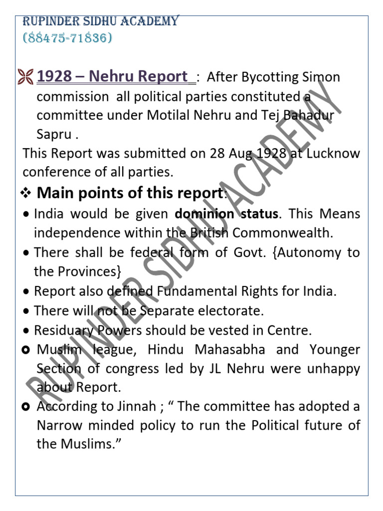 1928 - Nehru Report: Main Points of This Report | PDF | Mahatma Gandhi | Jawaharlal Nehru
