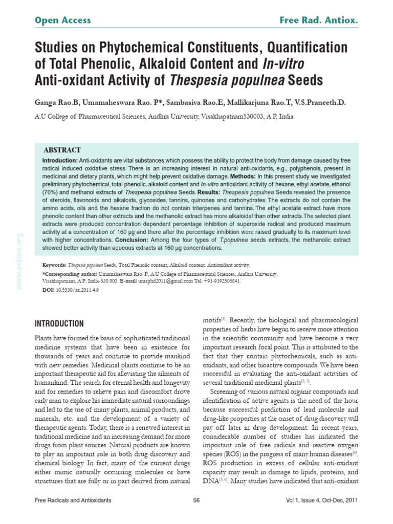 Studies On Phytochemical Constituents, Quantification of Total Phenolic, Alkaloid Content and ...