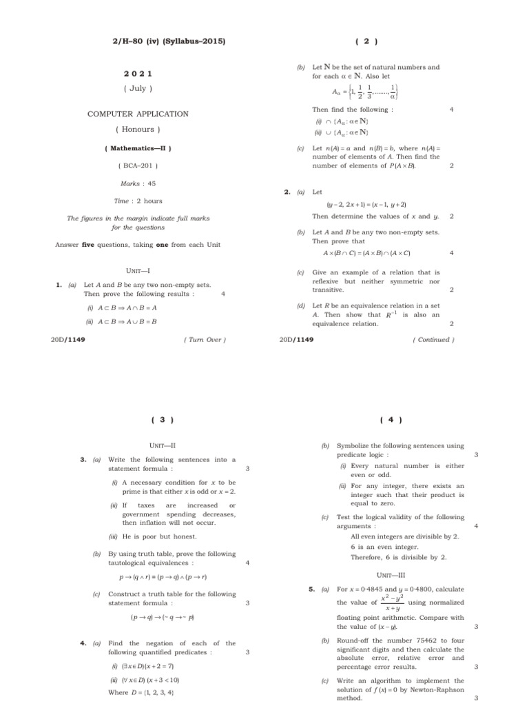 Computer Application (Mathematics II) 2021 | PDF | First Order Logic ...