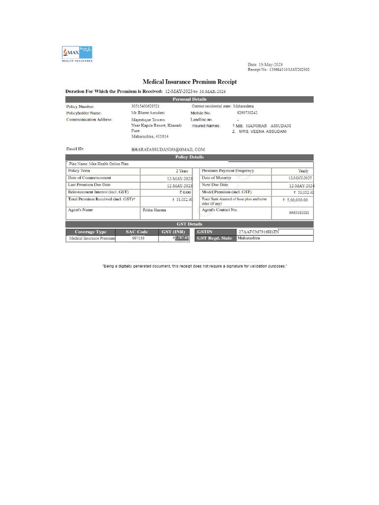 Mediclaim Premium Receipt Parents | PDF