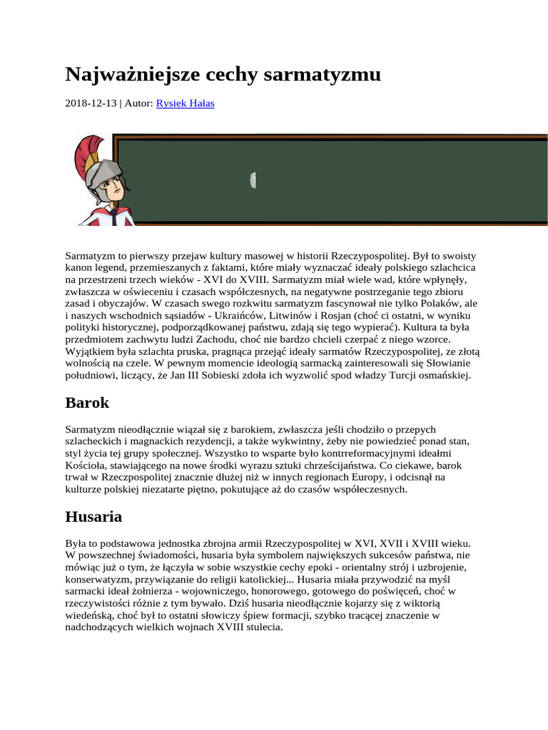 Najważniejsze cechy sarmatyzmu | PDF