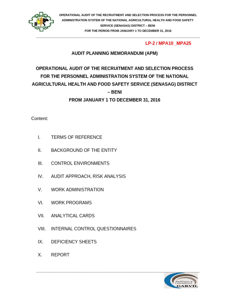 Memorandum On Audit Planning - Management Audit | PDF | Audit | Food Safety