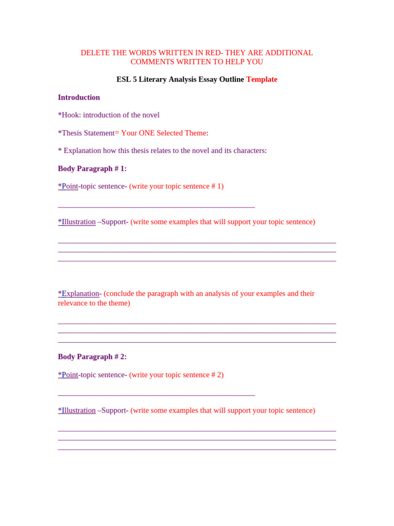 ESL 5 Literary Analysis Essay Outline Template | PDF | Essays | Writing