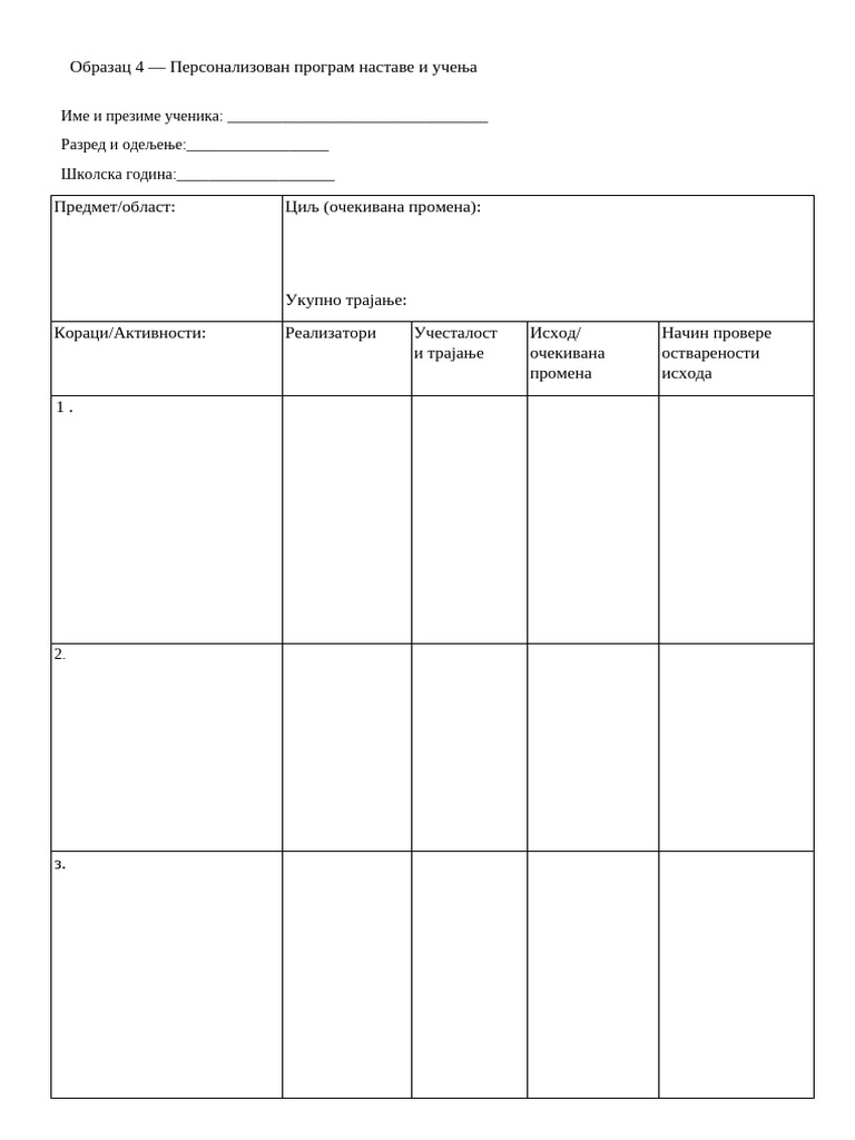 Obrazac 4 IOP 2018 Personalizovan Program Nastave I Učenja | PDF