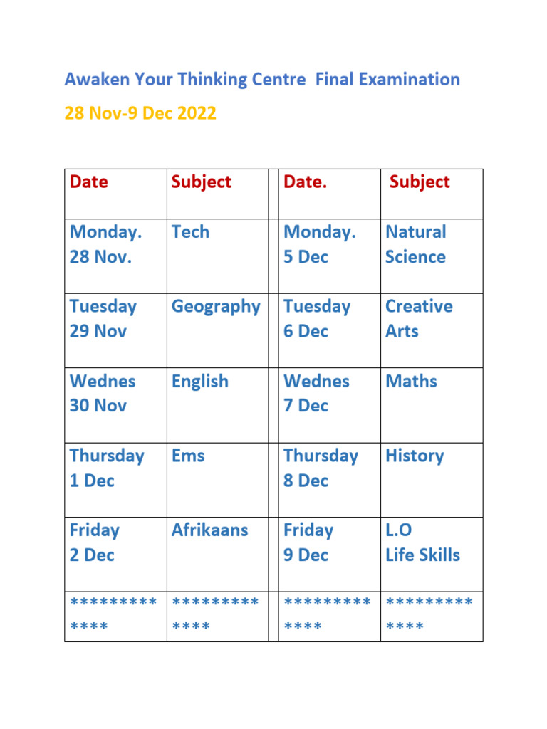 2022 Final Exam Schedule Overview | PDF