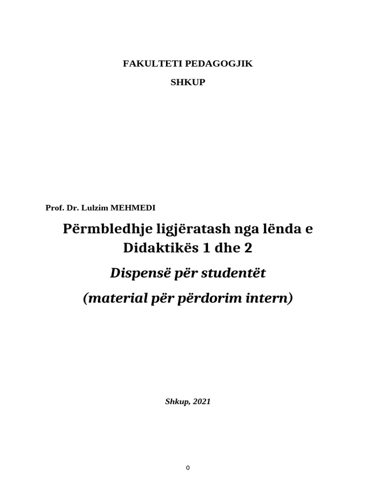 Përmbledhje Ligjëratash Në Didaktikë 1 - Mësim Klasor Shkup | PDF