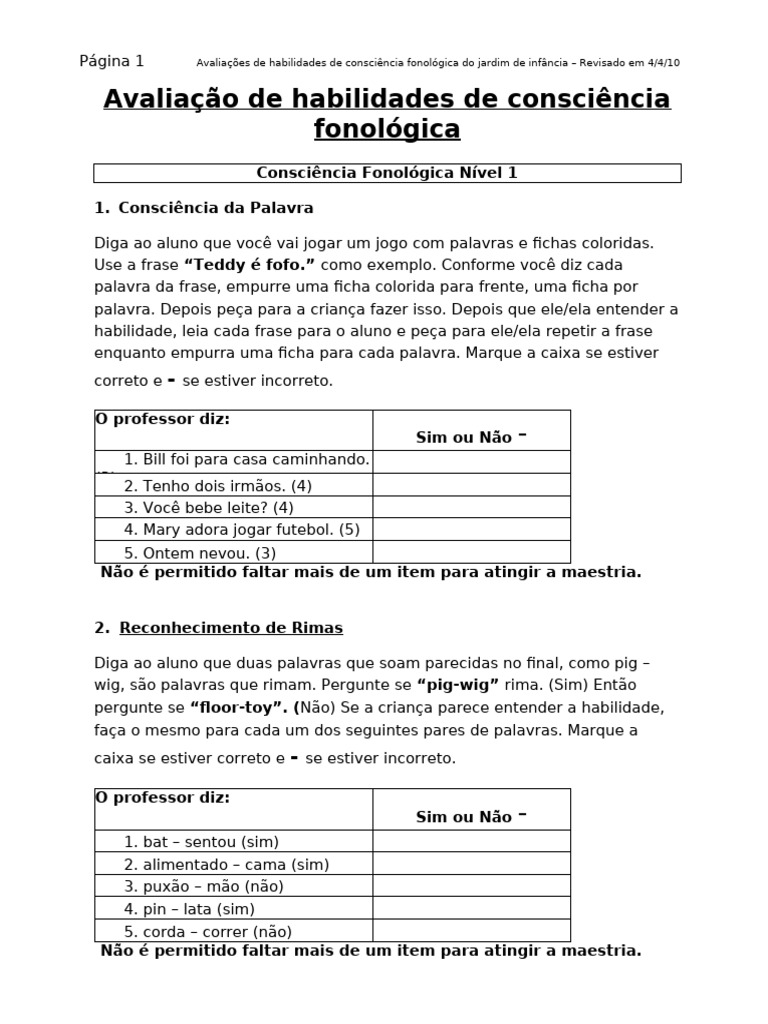 Avaliação de Consciência Fonológica Infantil | PDF