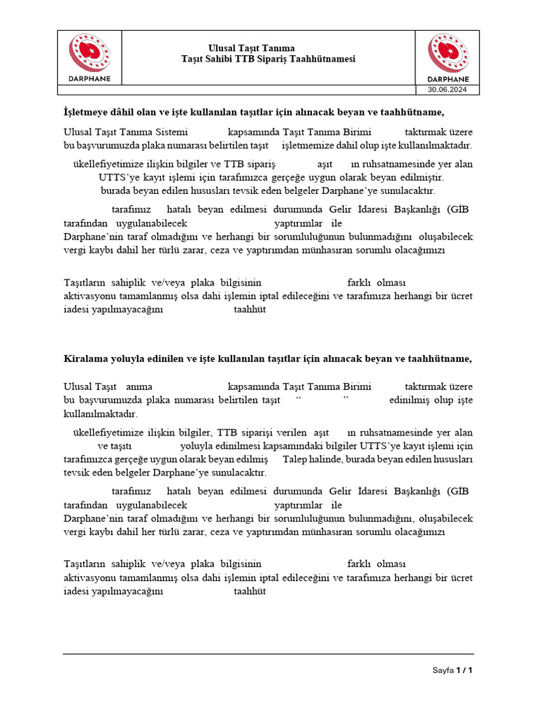 Tasit Sahibi TTB Siparis Taahhutnamesi | PDF