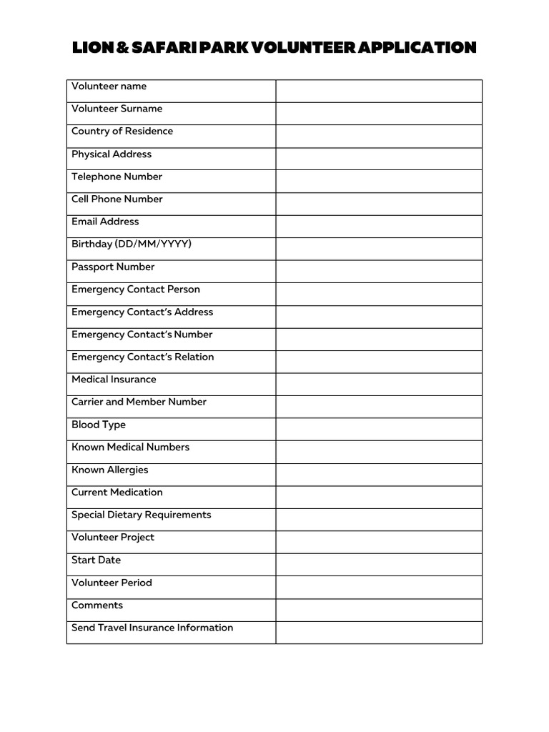 Lion Safari Park I Volunteer Application | PDF