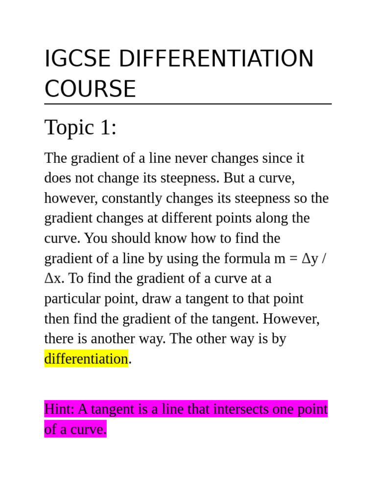 IGCSE Differentiation Course | PDF | Derivative | Gradient