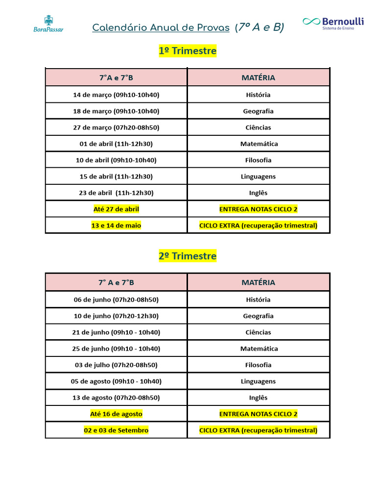 Calendário De Provas 7º 2024 1 1 Pdf