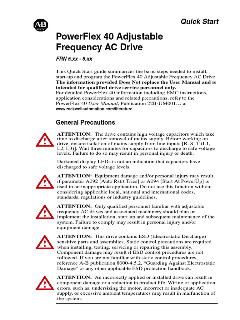 A-B PowerFlex 40 Quick Start | PDF | Electrostatic Discharge | Transformer