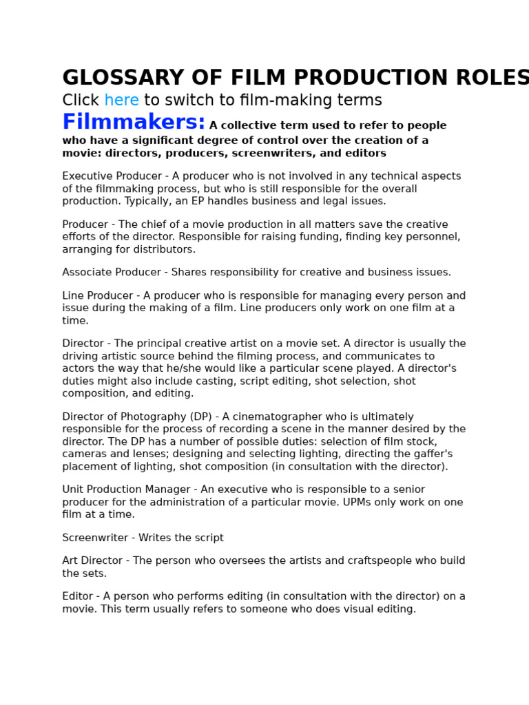 Filmmaking Glossary Roles | PDF | Filmmaking | Film Director