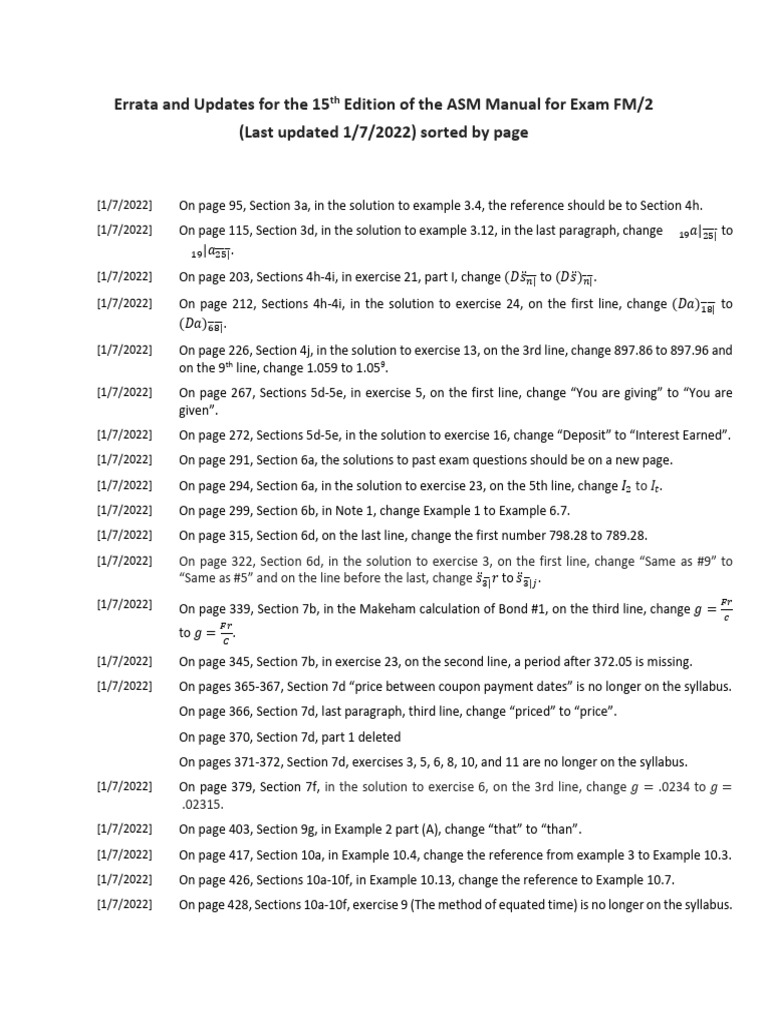 Errata List of 15th Edition ASM FM | PDF | Interest | Bonds (Finance)