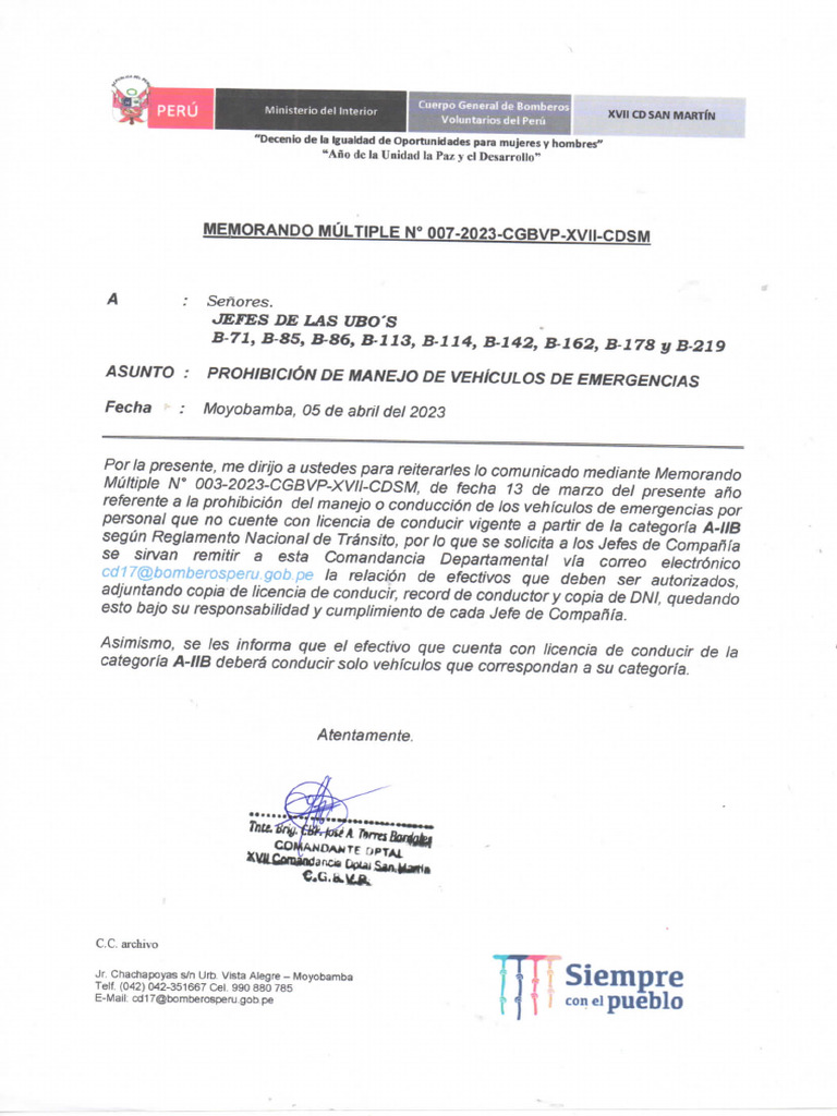 MEMORANDO MÚLTIPLE N° 007-2023-CGBVP-XVII-CDSM | PDF